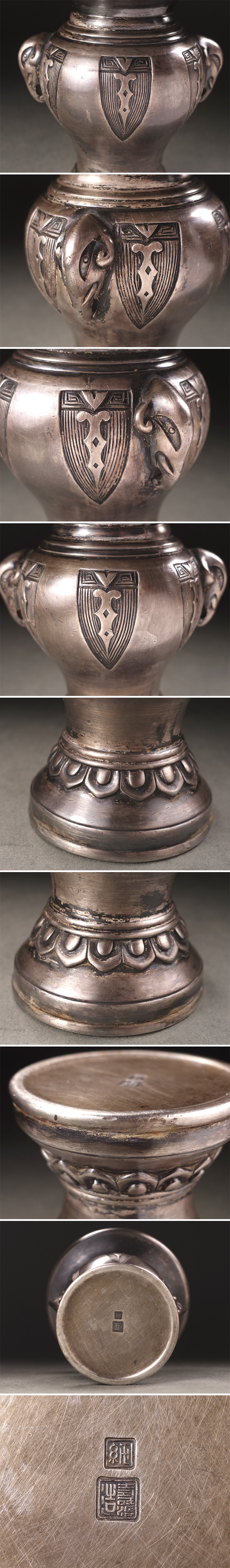 【樂淘letao】日本代購代標第一品牌－∇花∇金工師【寿治】作 豪華純銀象耳製花入 純刻印 重厚371g 気品溢れる高級銀器